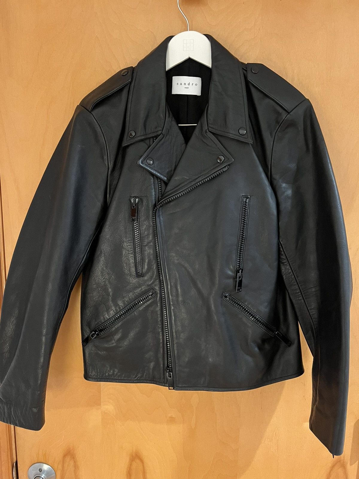 Sandro Sandro all black leather biker jacket large | Grailed