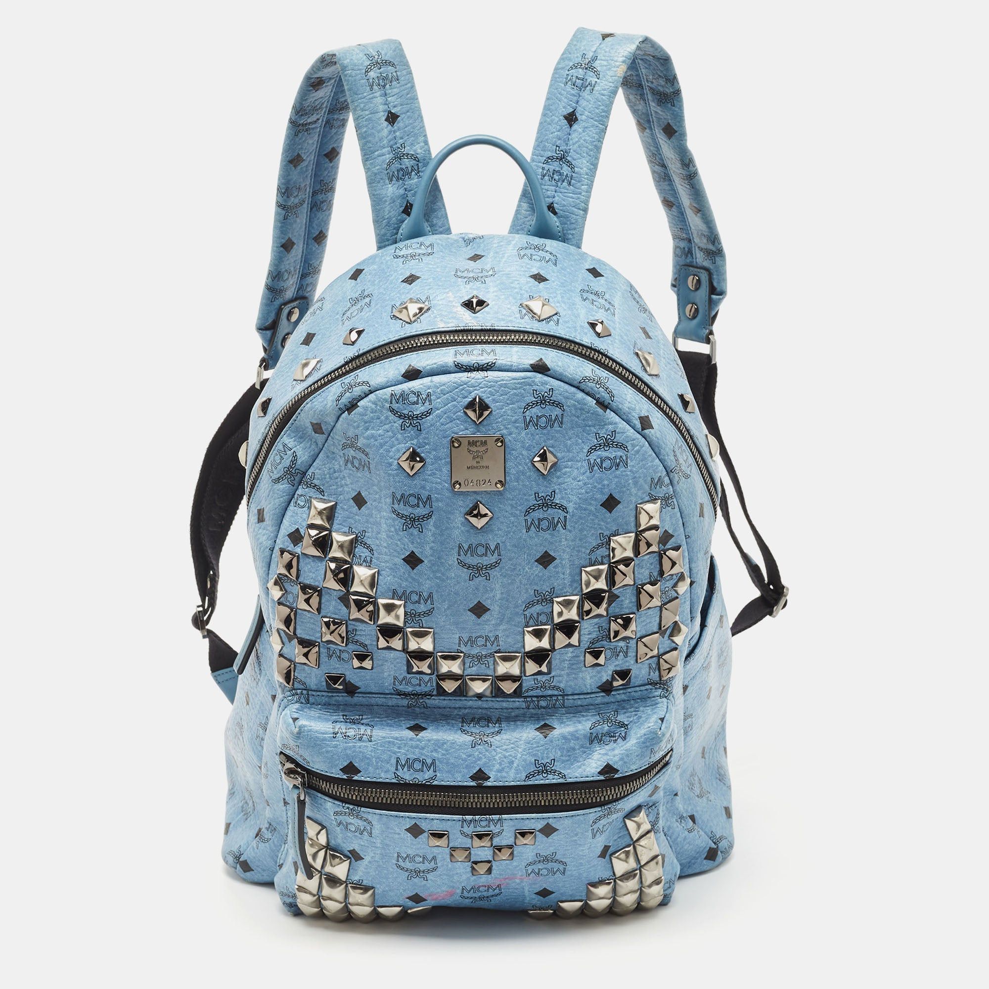MCM MCM Light Blue Visetos Coated Canvas and Leather Studs Backpack ...