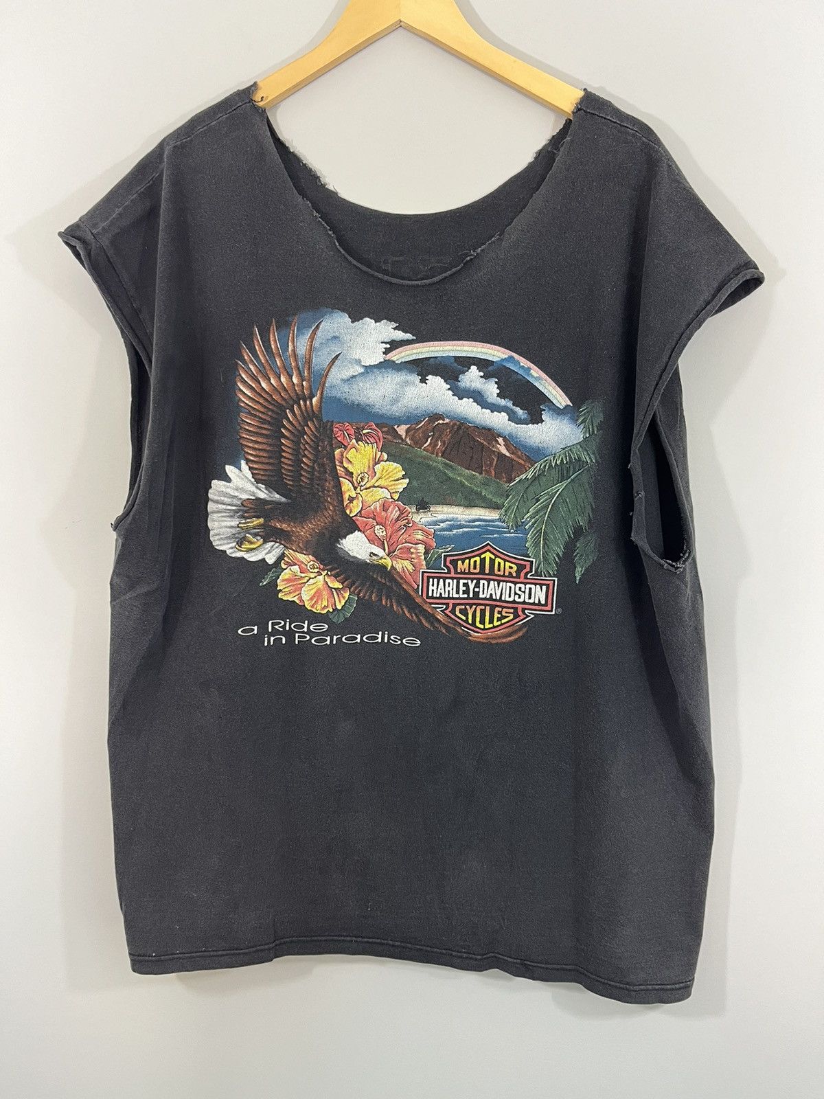 Vintage Harley Davidson Paradise Hawaii Sun Faded Thrashed Cut Off ...