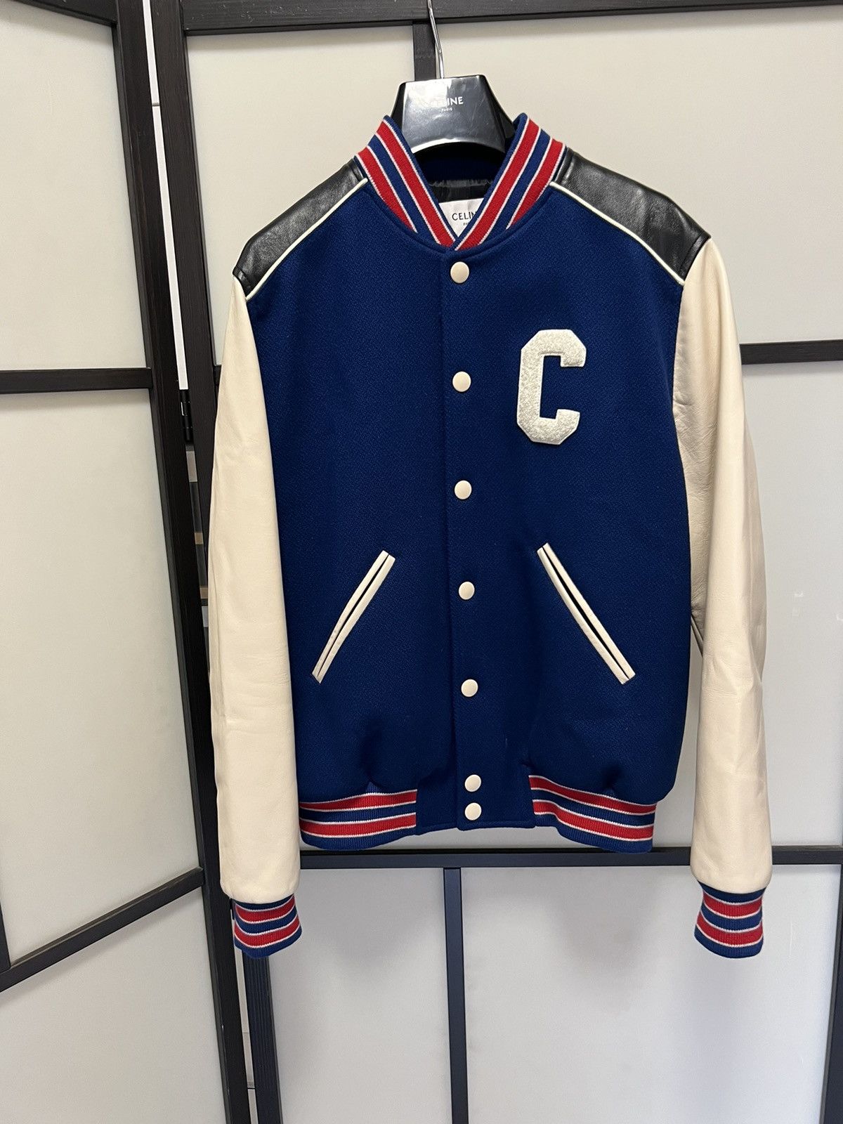 Celine FINAL DROP - Blue Leather Sleeve Oversized Wool Teddy 46 | Grailed