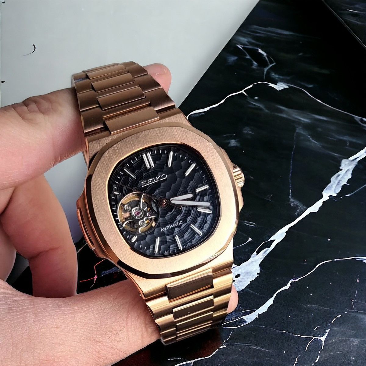 Japanese Brand × Seiko Seiko Mod Nautilus Rosegold Open Heart Black ...