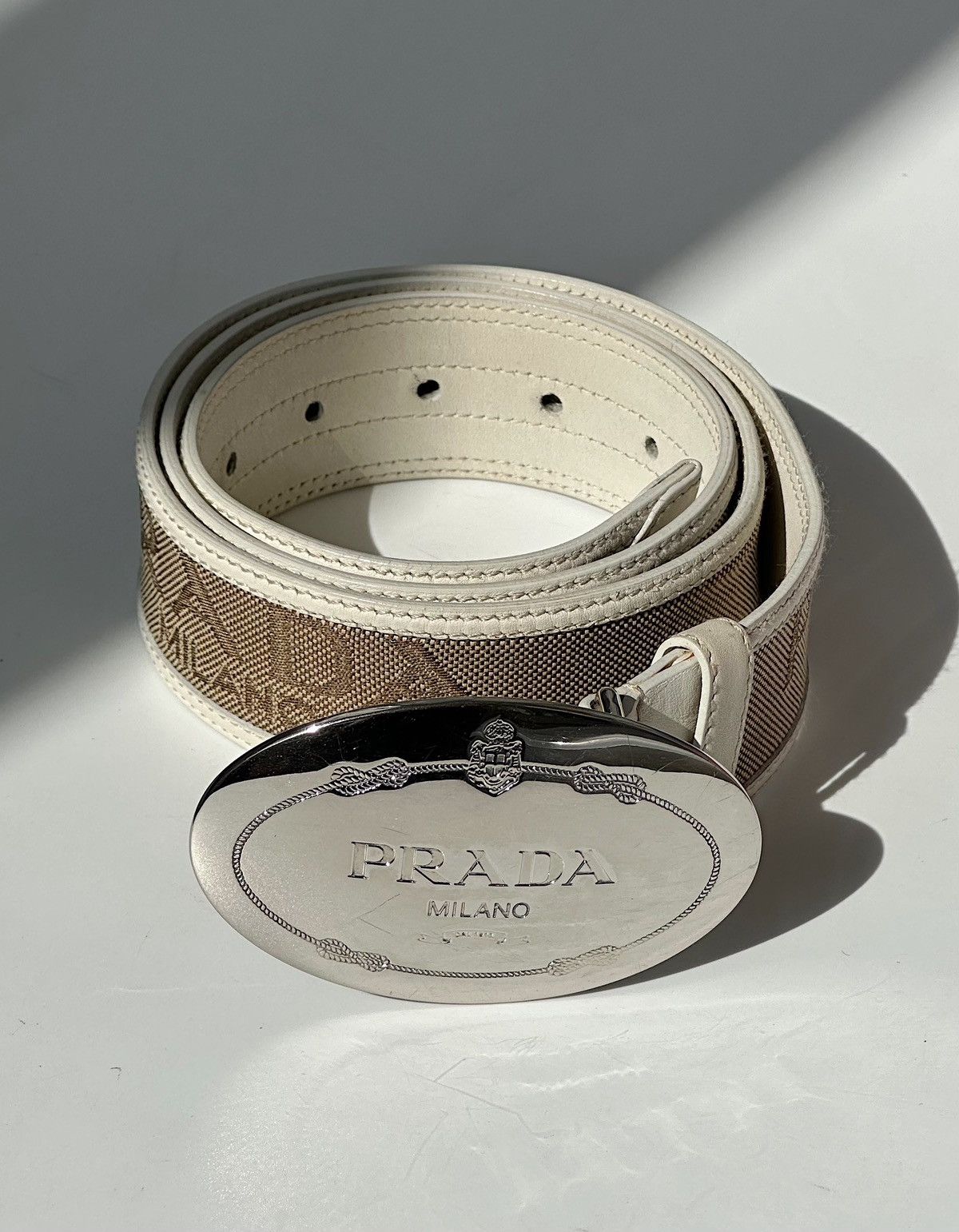 Prada × Streetwear × Vintage PRADA Logo Buckle Canvas Belt y2k Cowboy ...