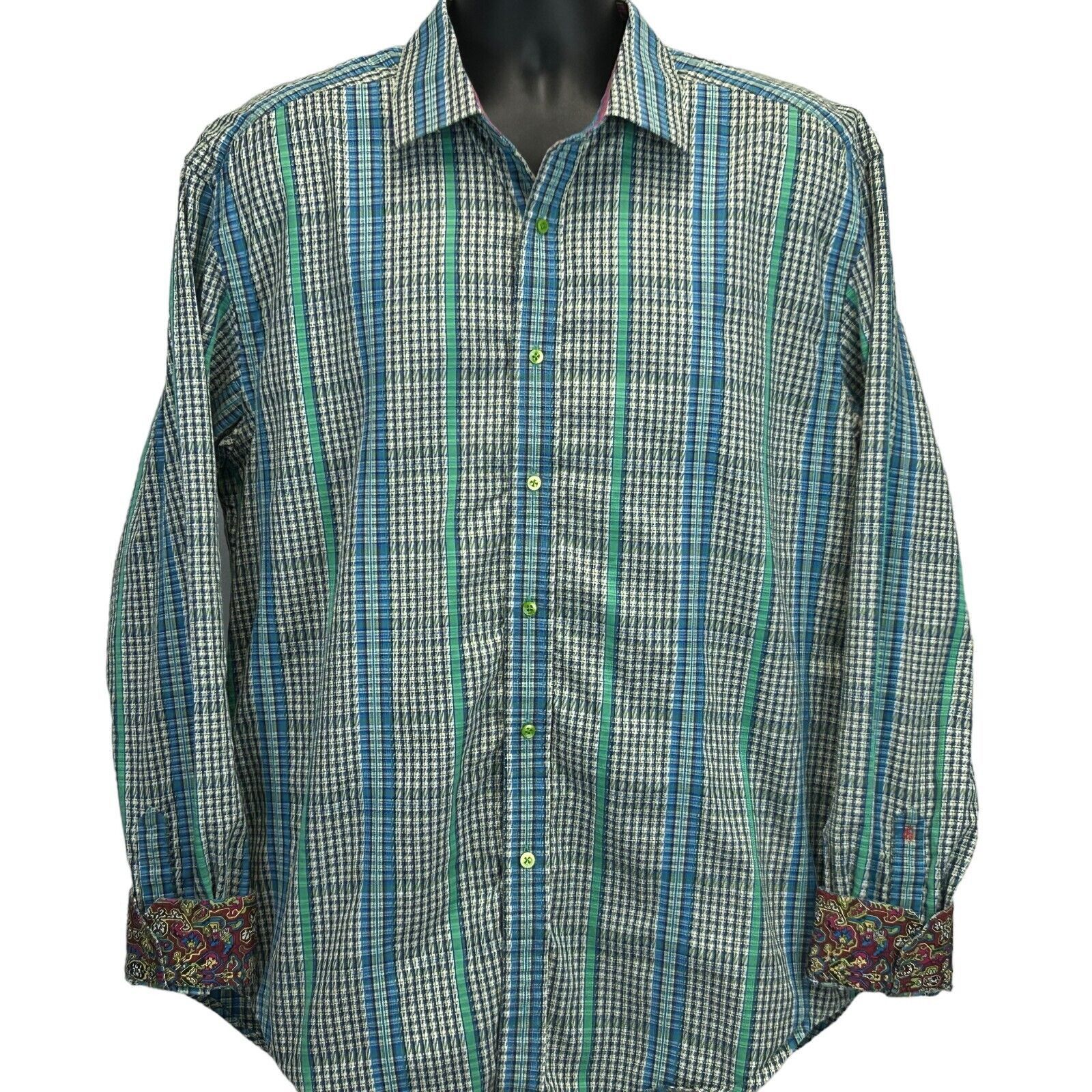 Robert Graham Robert Graham Button Front Shirt Blue Green Striped Check ...