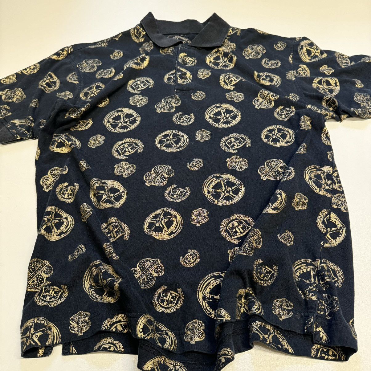 Art Y2K Hip Hop Rims & Dollar Signs Gold Metallic Polo | Grailed