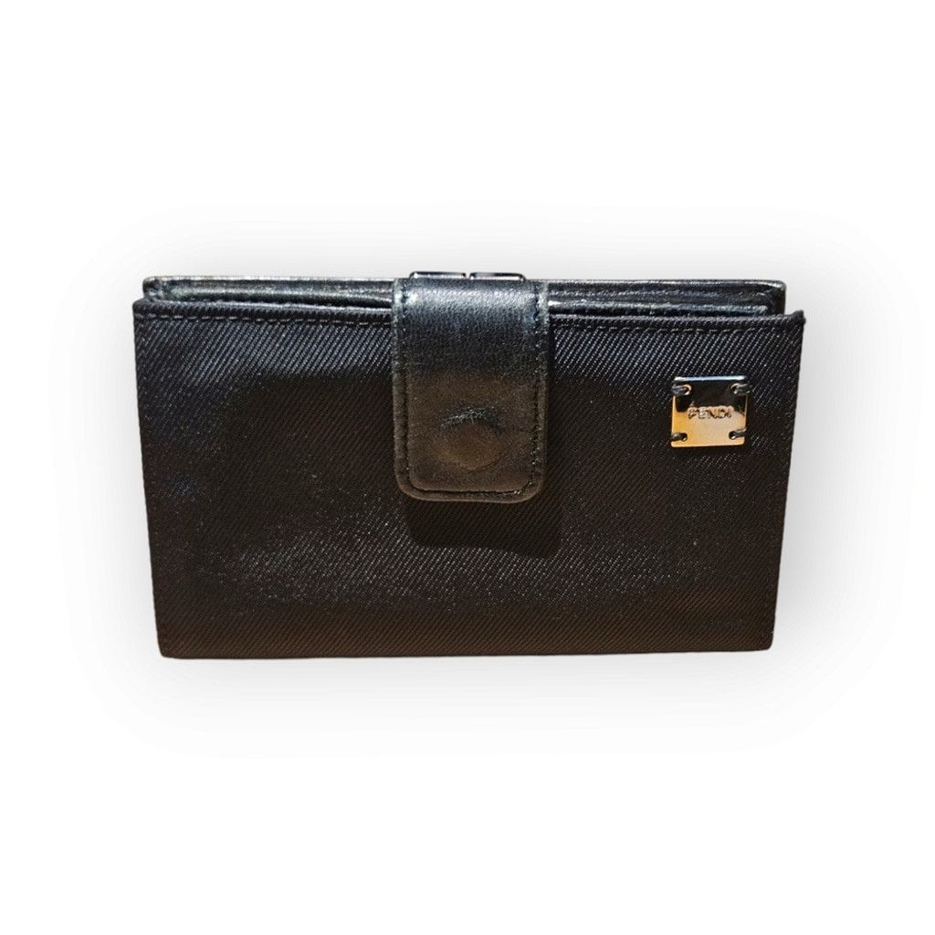 Fendi Authentic Fendi Black Leather and Canvas Bi-Fold Wallet | Grailed