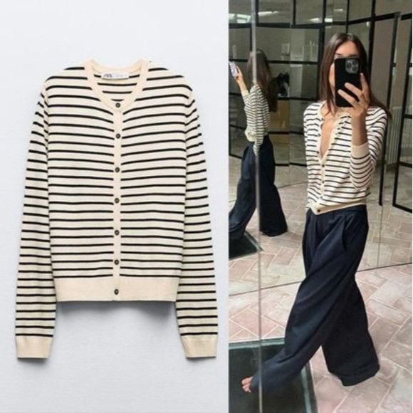 Zara ZARA XL Black and White SS Striped Fine Knit Soft Cardigan S | Grailed