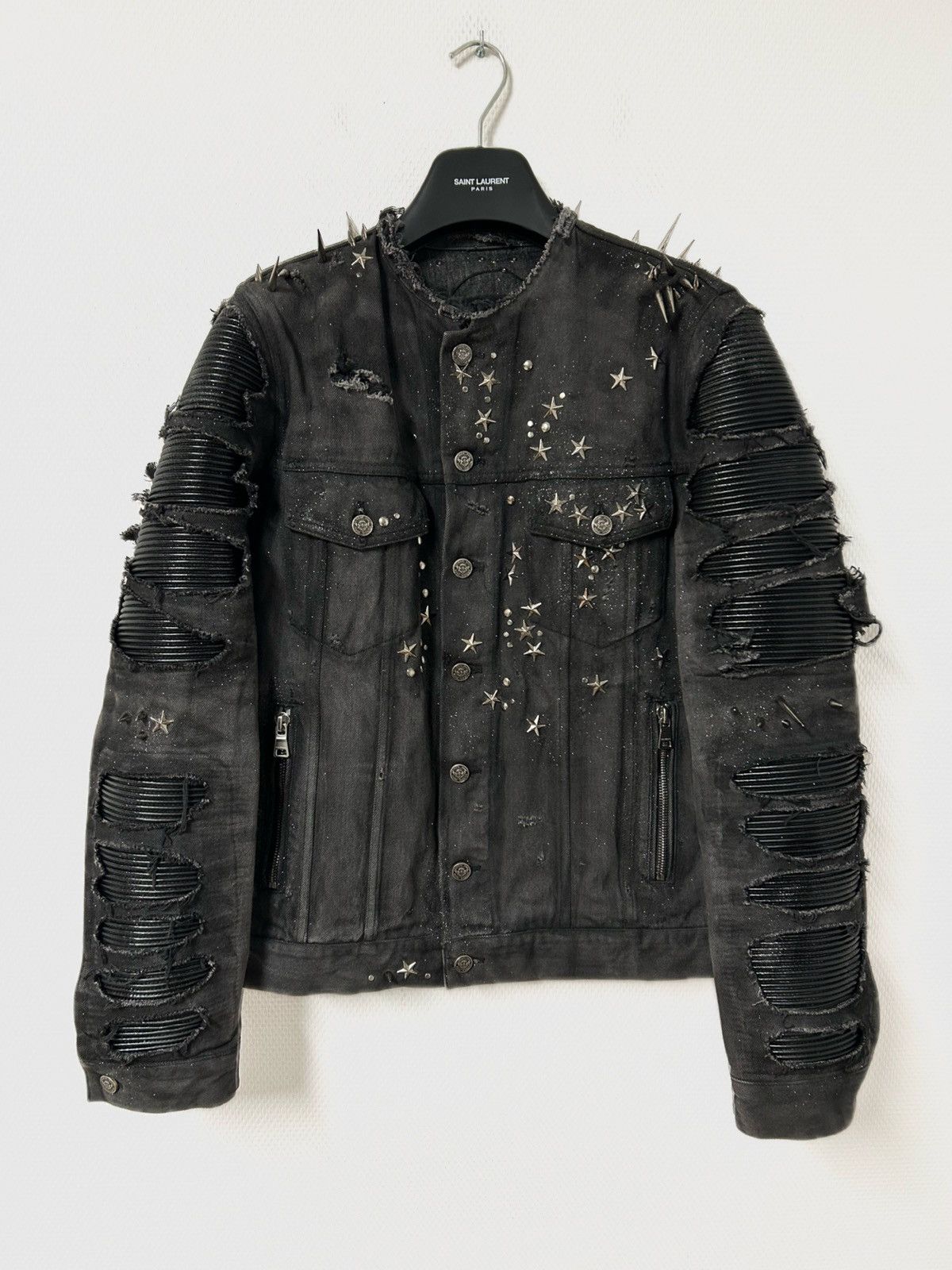 Balmain Spiked & Star-Studded Denim Biker Jacket | Grailed