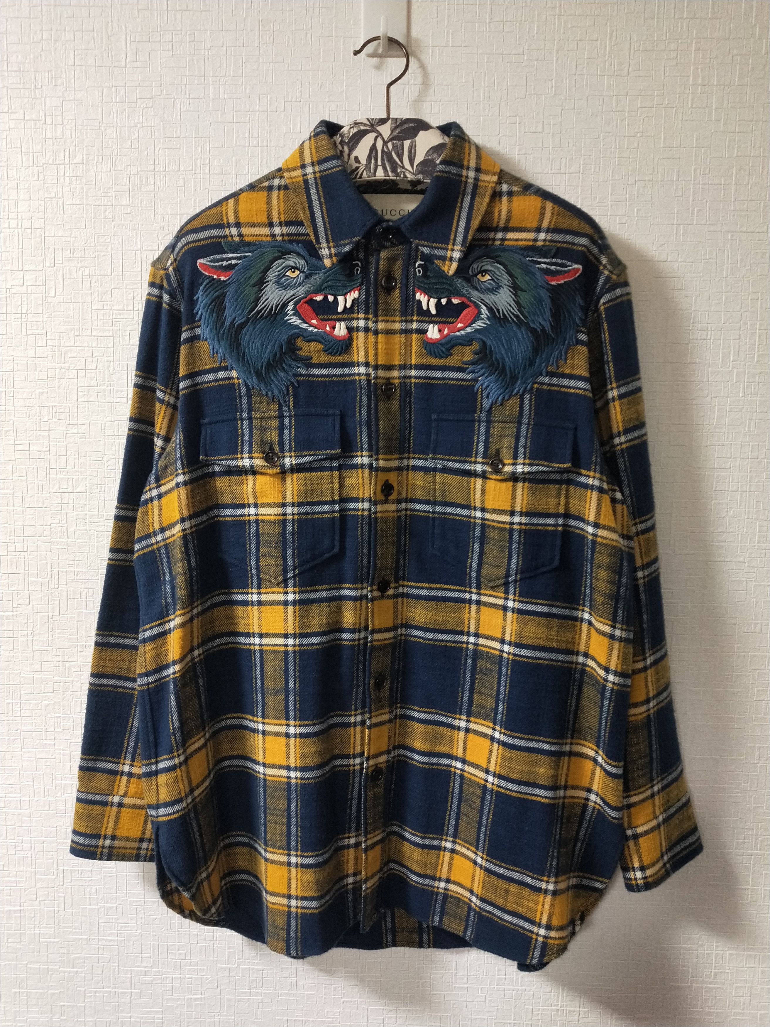Gucci Wolf Embroidered Check Shirt | Grailed