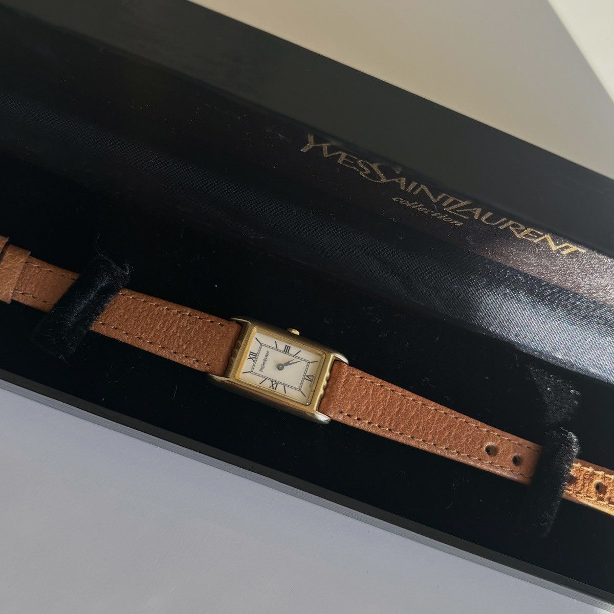 Yves Saint Laurent Yves Saint Laurent 80s Gold Tone Leather Rectangular ...