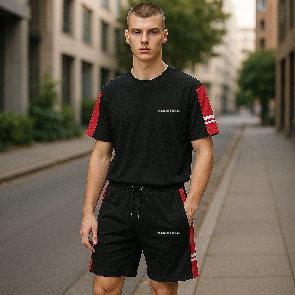 Streetwear BoohooMAN 2-Piece Set Men’s T-Shirt & Shorts Black Red Size ...