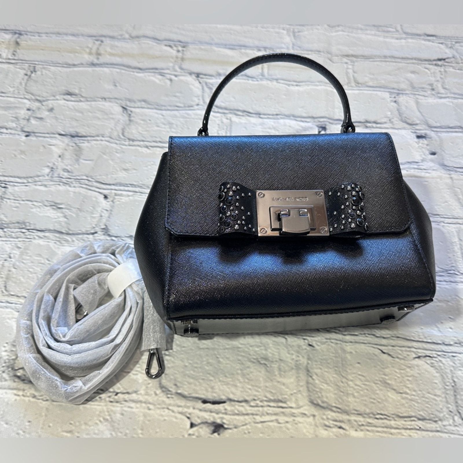 Michael Kors Tina Bow Jewel Leather Satchel in Black Bags Luggage