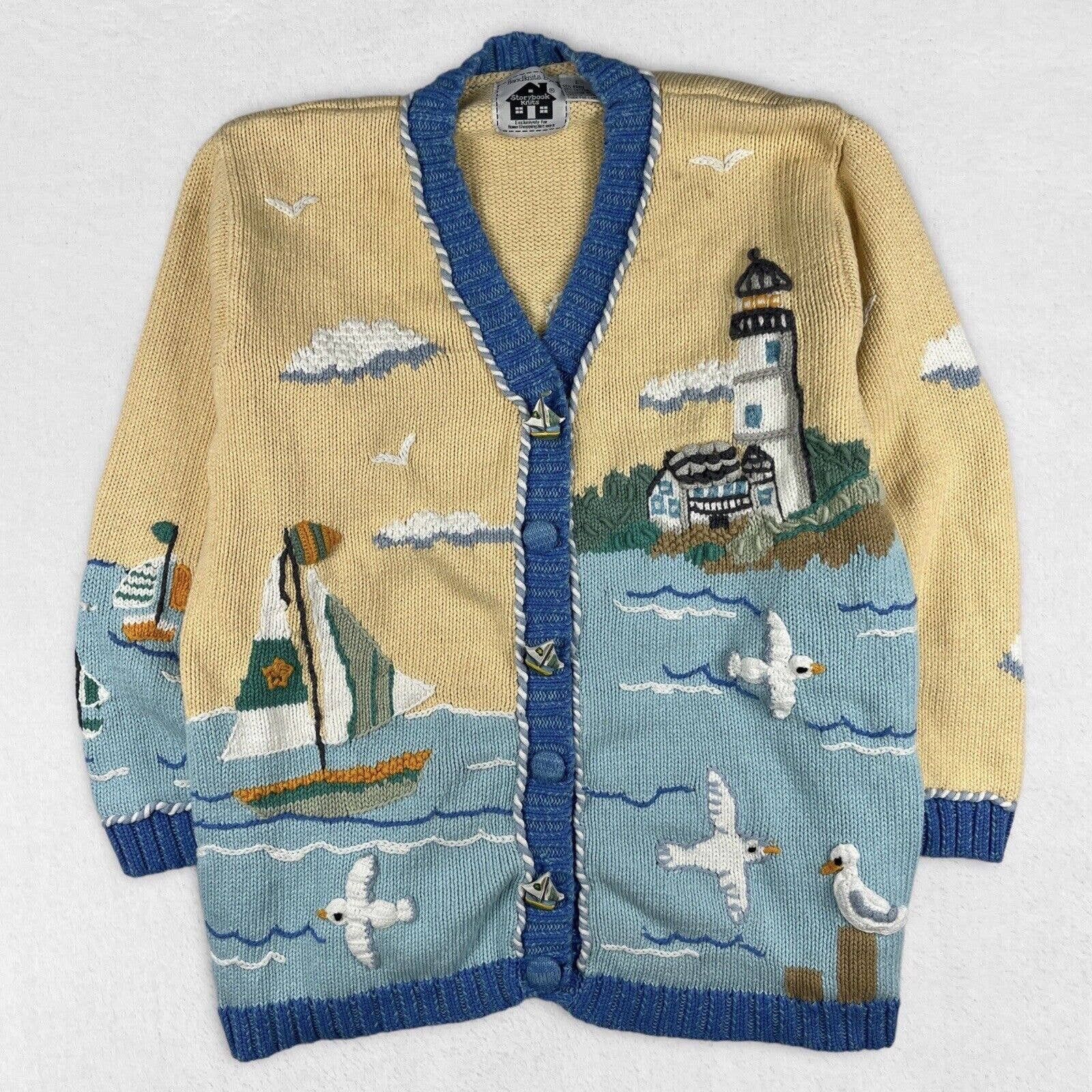 Cardigan × Vintage 90s Storybook Hand Knit Cardigan Sweater Lighthouse ...
