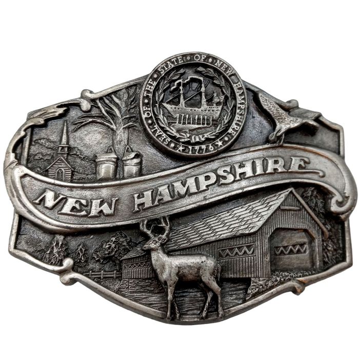 Vintage New Hampshire Belt Buckle NH Covered Bridge Deer State Seal ...