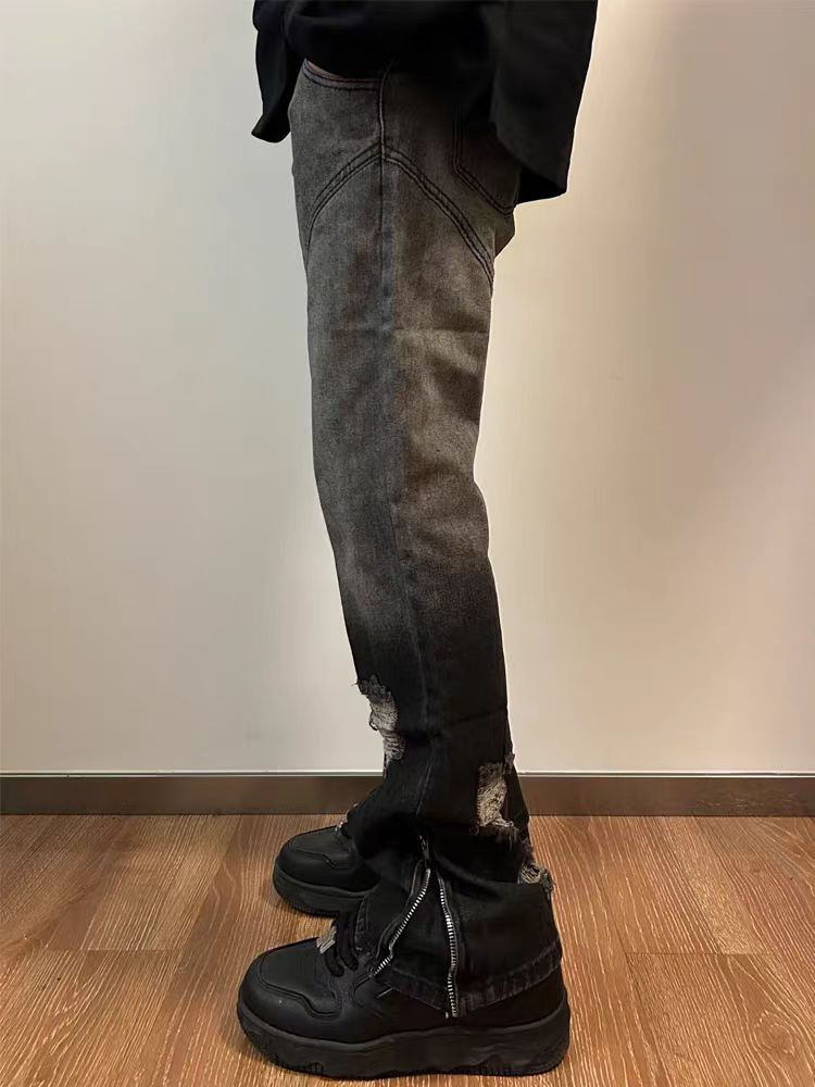 Japanese Brand Side leg zipper ripped micro flare casual jeans | Grailed