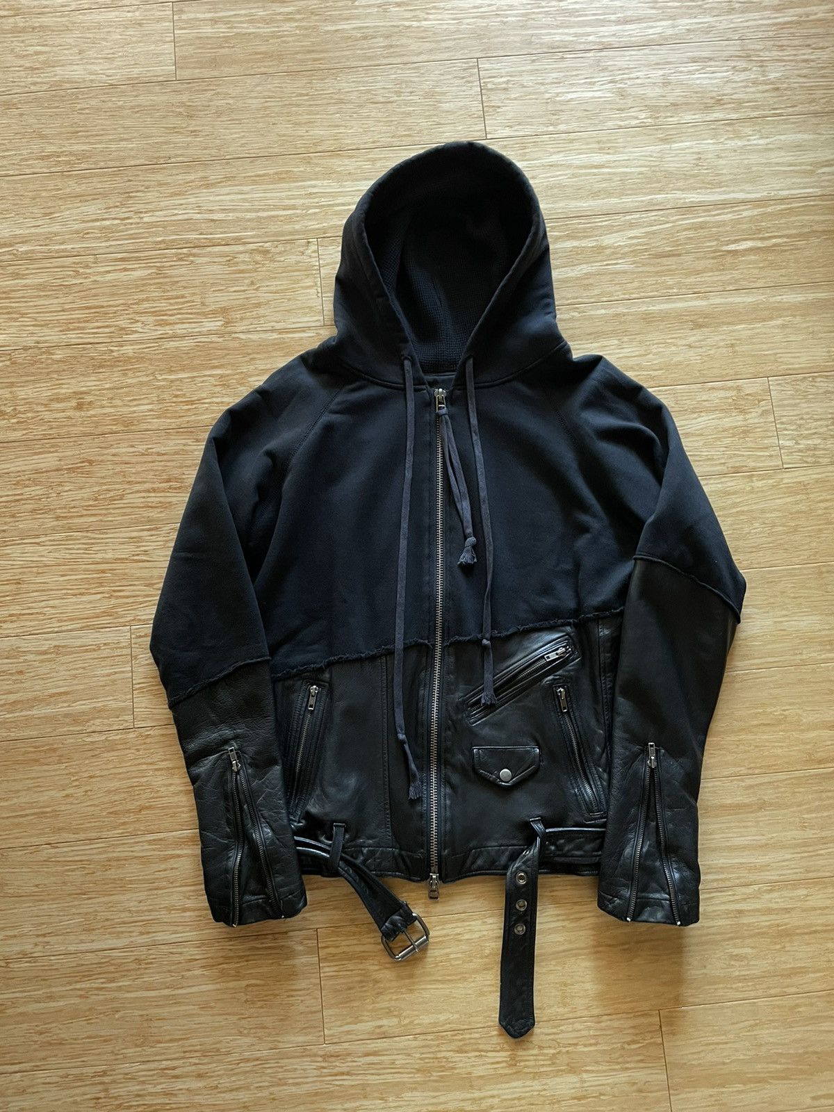 Greg Lauren Greg Lauren 50/50 Black Leather Zip Hoodie | Grailed