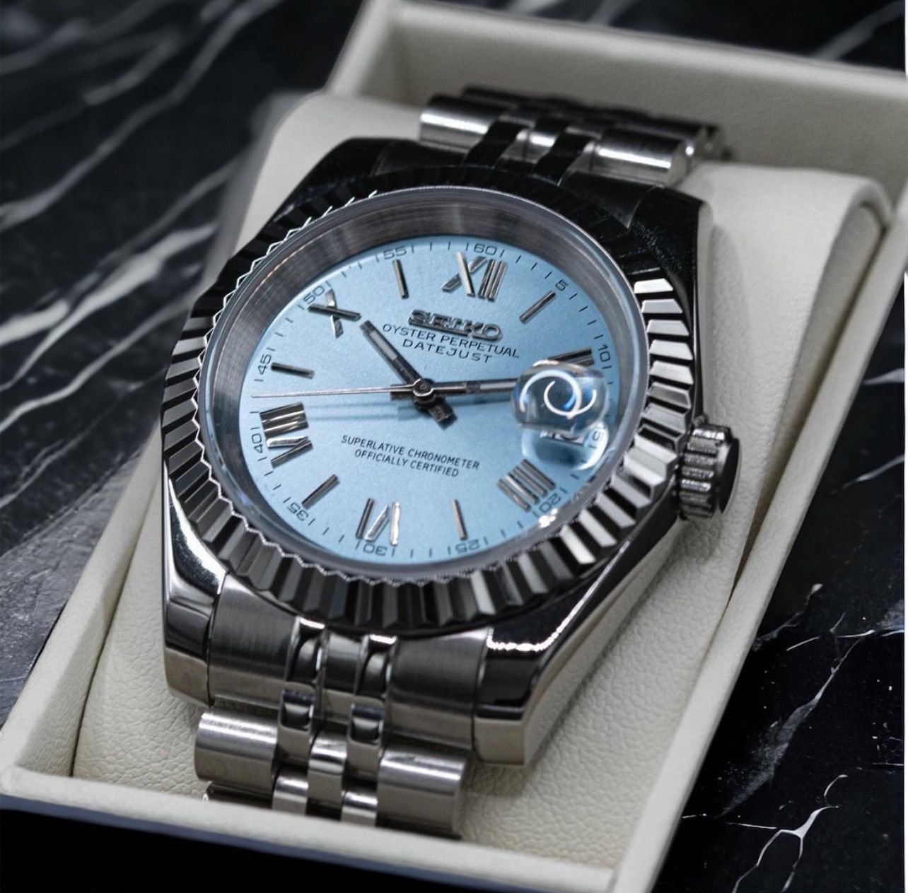 Japanese Brand × Seiko Seiko Datejust Ice Blue Roman Dial Steel Jubilee ...