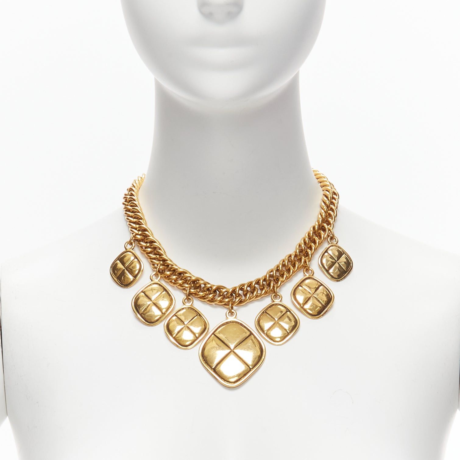 Chanel CHANEL Vintage gold quilted Rhombus charm chain choker necklace ...