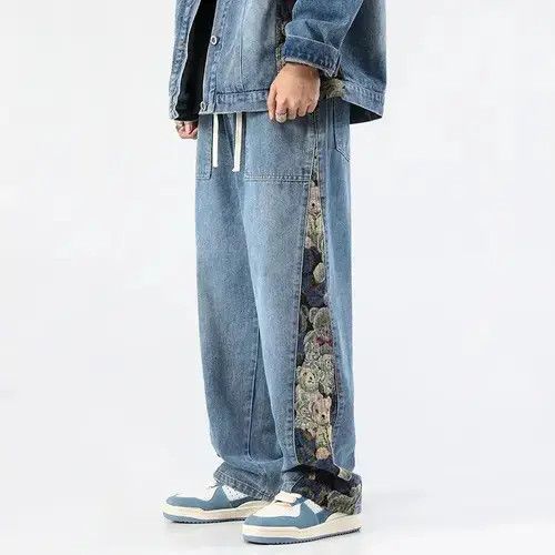 Designer × Japanese Brand Jeans baggy wide-leg with bear print outdoor ...