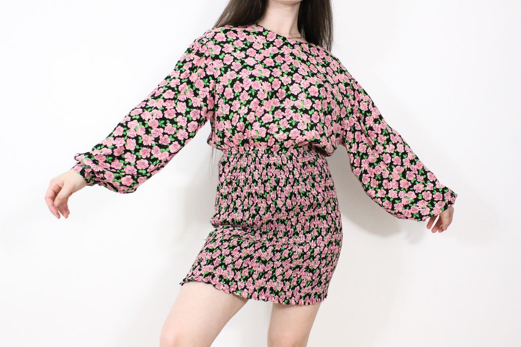 Zara Zara Floral Pink Rose Long Sleeve Ruched Cocktail Dress | Grailed