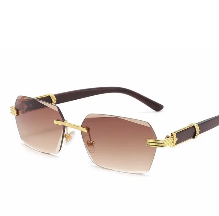 Streetwear Woodgrain Brown Tint Retro Rimless Men's Elegant Gold Frame ...