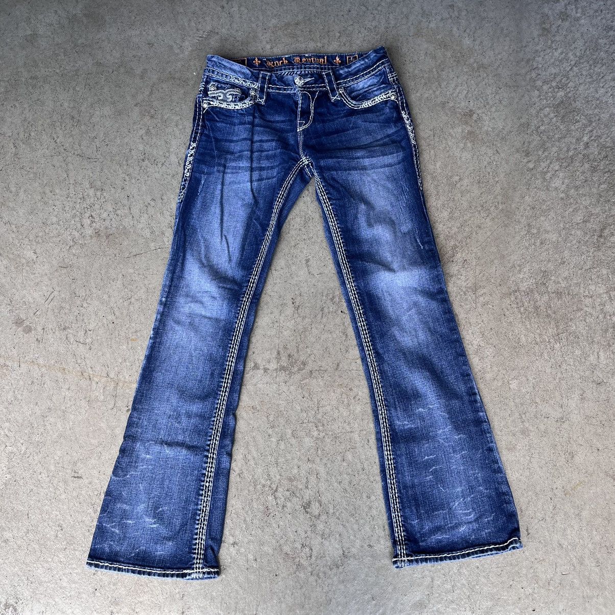 Vintage Y2K Flared Rock Revival Thick Big Stitch Faded Distressed | Grailed