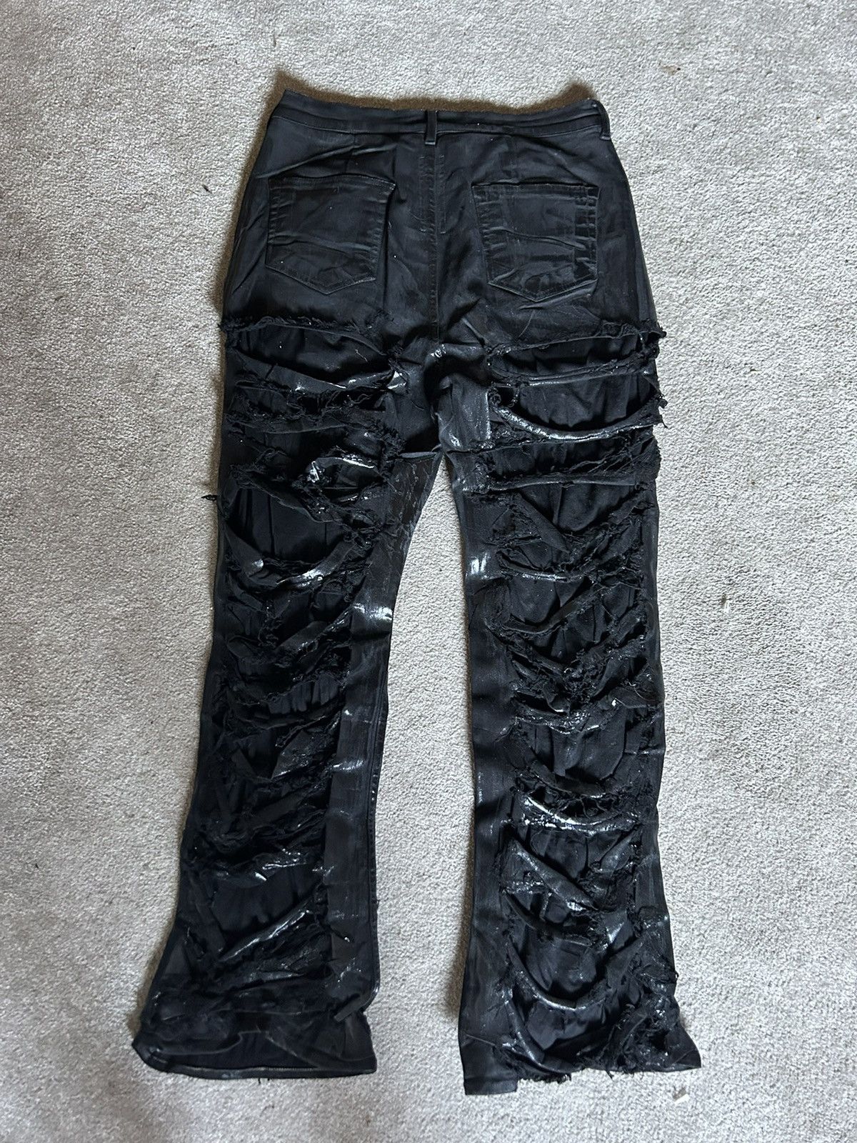 Rick Owens GETH CUT Rick Owens DRKSHDW Waxed Slashed Black BAGGY Jeans ...