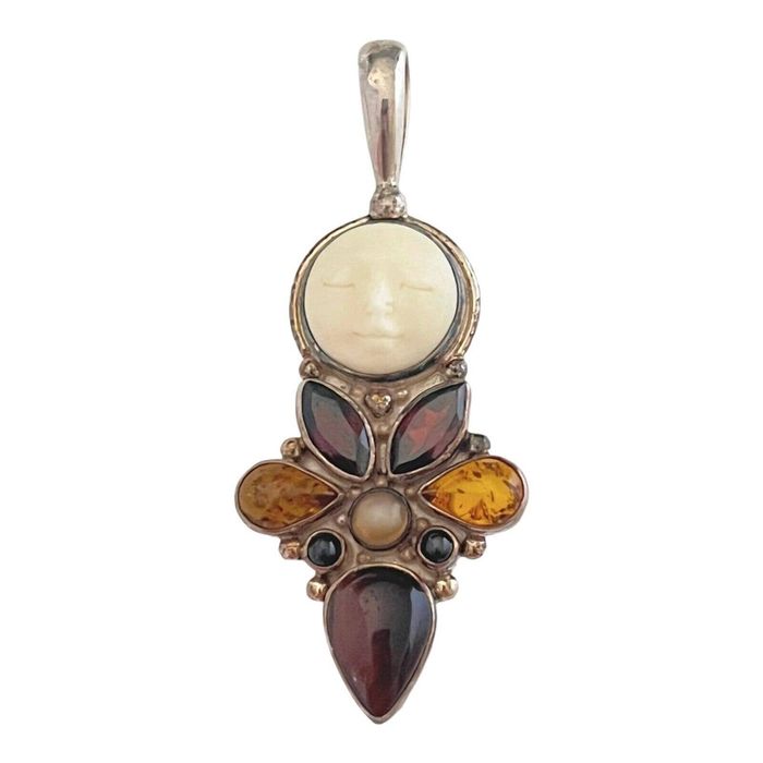 Vintage Silver Sajen Moon Face PENDANT Garnet Amber Tiger Eye Onyx ...