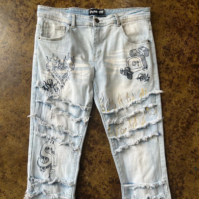Streetwear Motive Upcycled Painted Distressed Jeans | Grailed