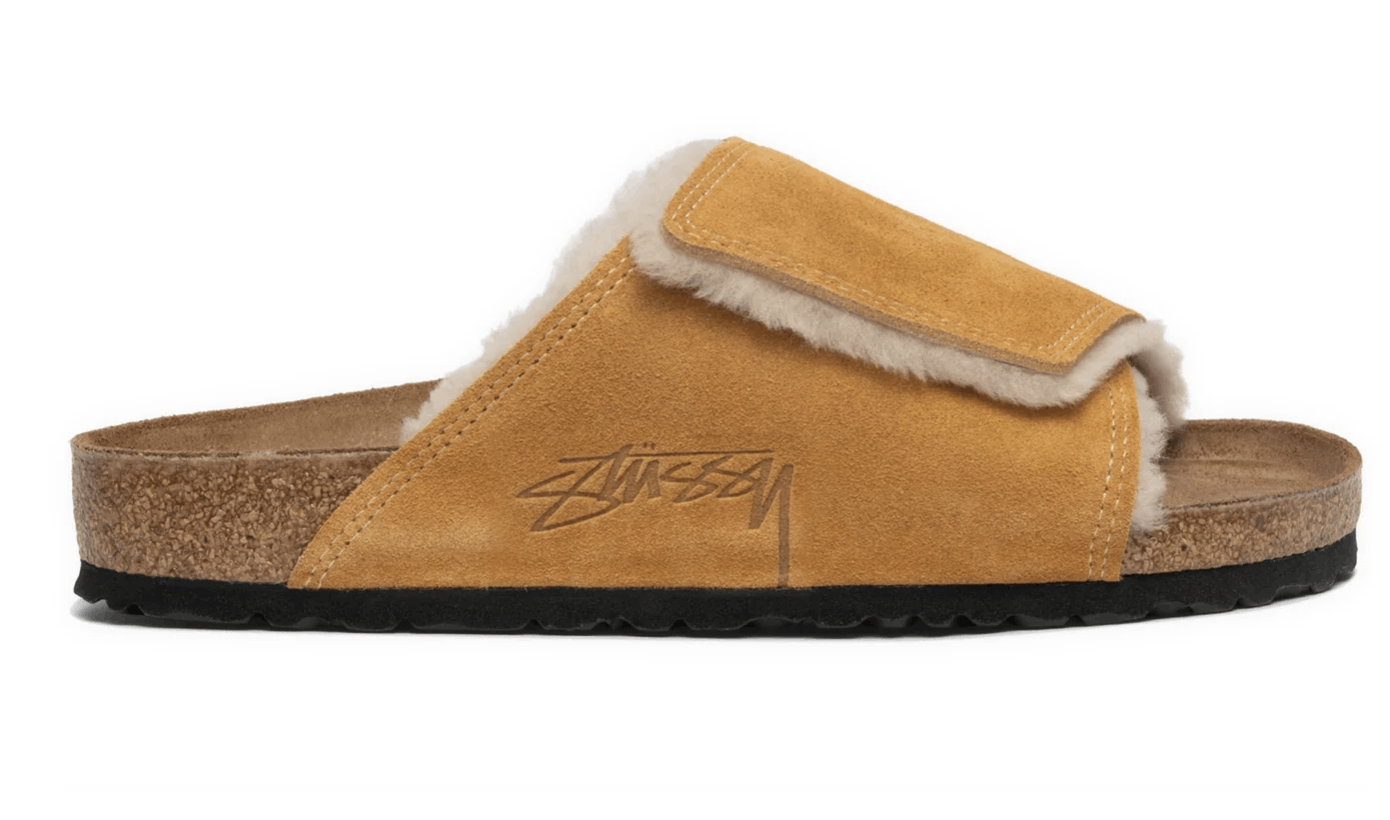 Birkenstock × Stussy STUSSY Birkenstock Suede Shearling Slide Caramel ...