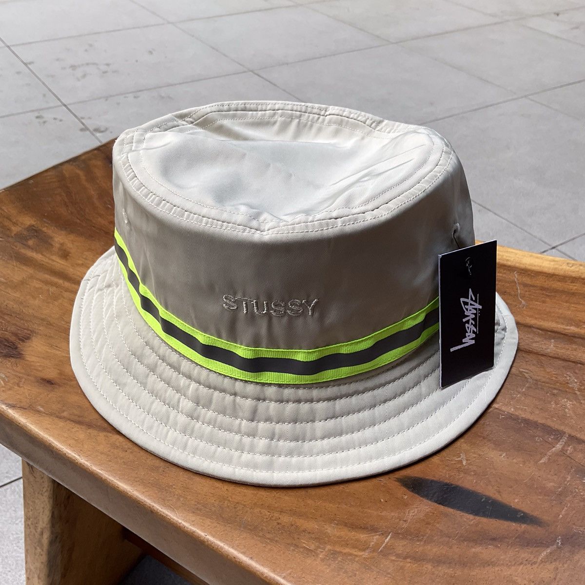 Streetwear × Stussy × Vintage Stussy Reflective Tape Bucket Hat Beige ...