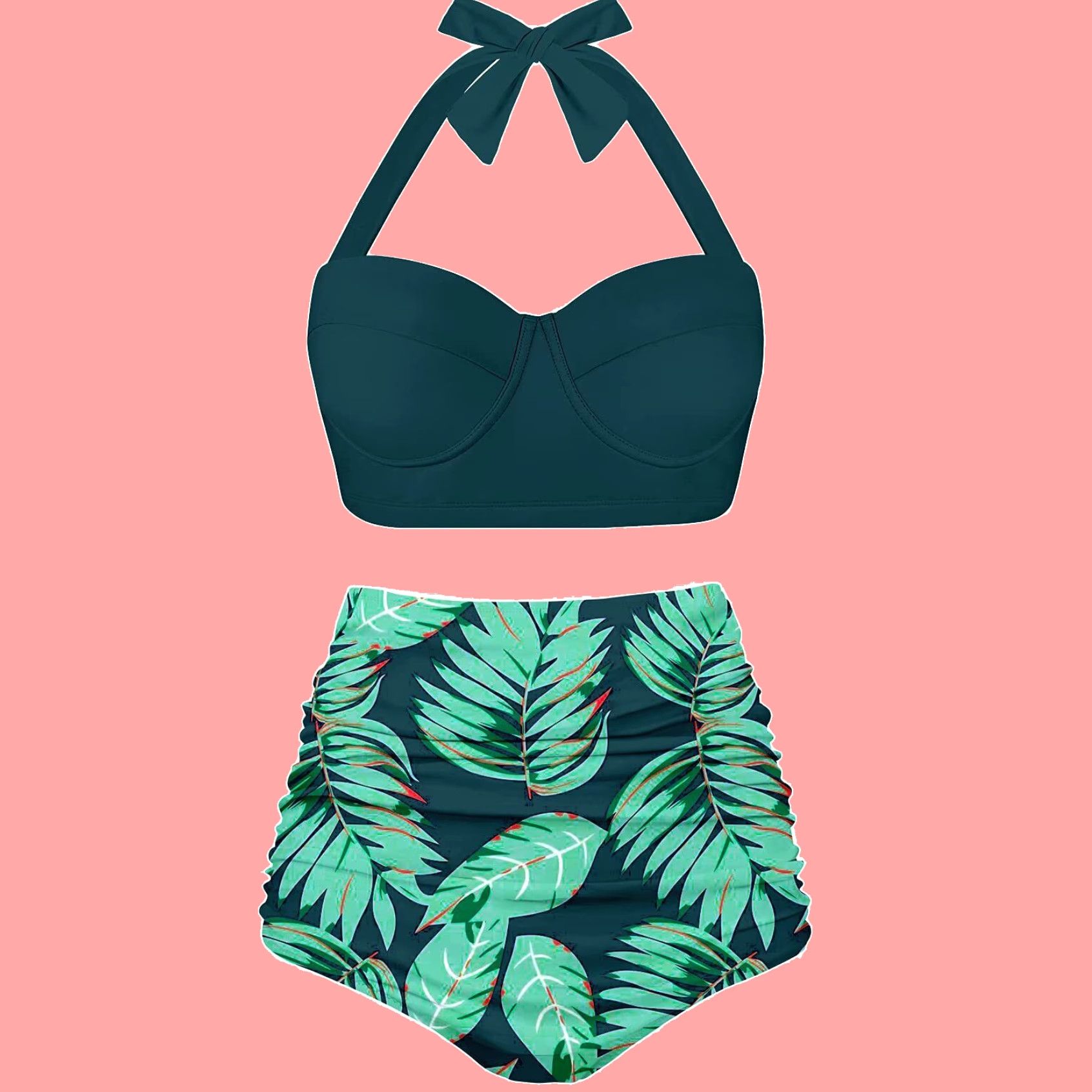 Vintage Classic Chic Retro Leaf Patterned High Rise Two Piece Bikini ...