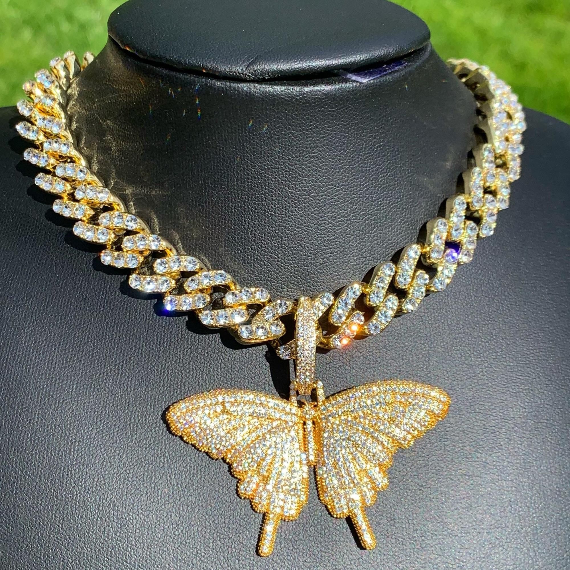 Cuban Link Chain Butterfly Cuban Link Chain Butterfly Pendant Gold Iced ...