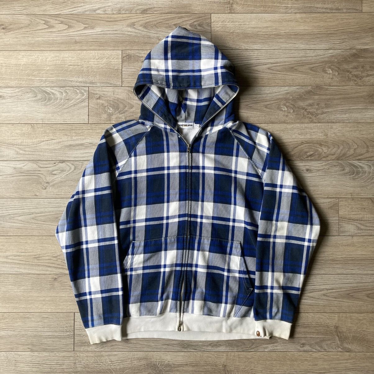 Bape blue bape plaid full zip hoodie | Grailed