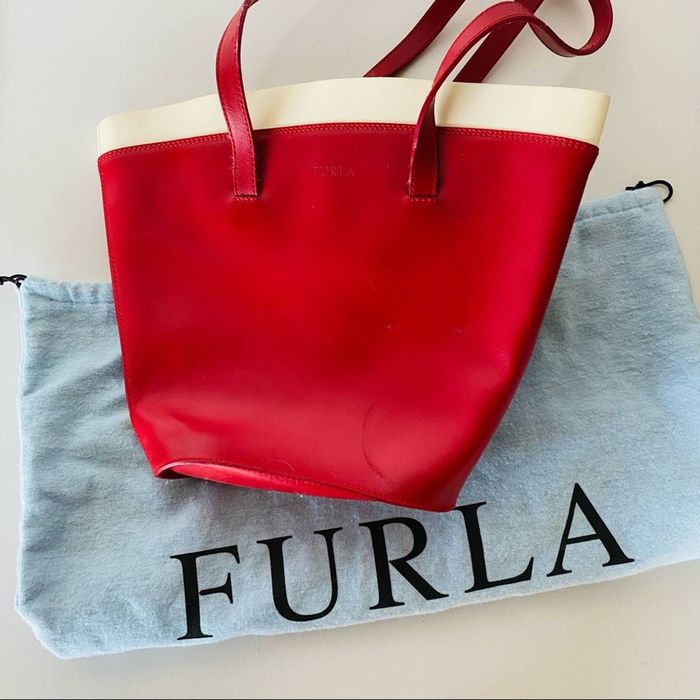 Furla FURLA Red Italian Leather White Stripe Bucket Tote Bag Purse ...
