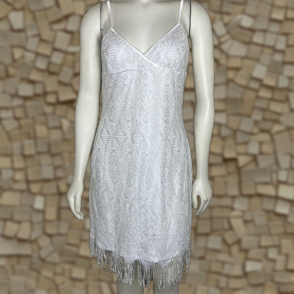 Vintage Frederick's of Hollywood Flapper Dress L White Silver Fringe ...
