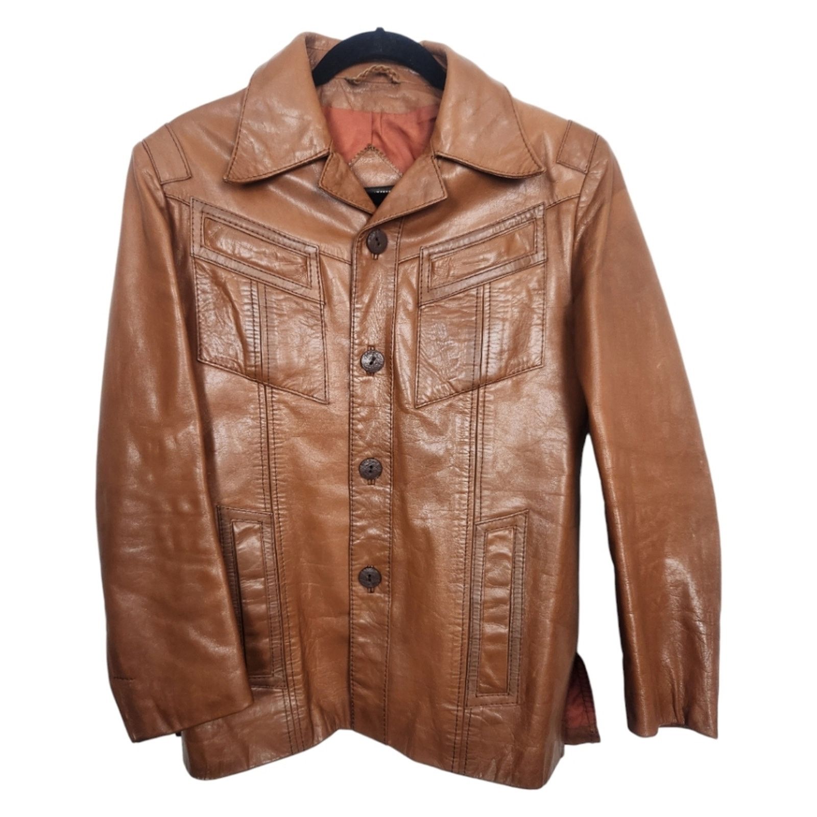 Vintage 70s Vintage Dagger Collar Cognac Leather Jacket Size 38 Med ...