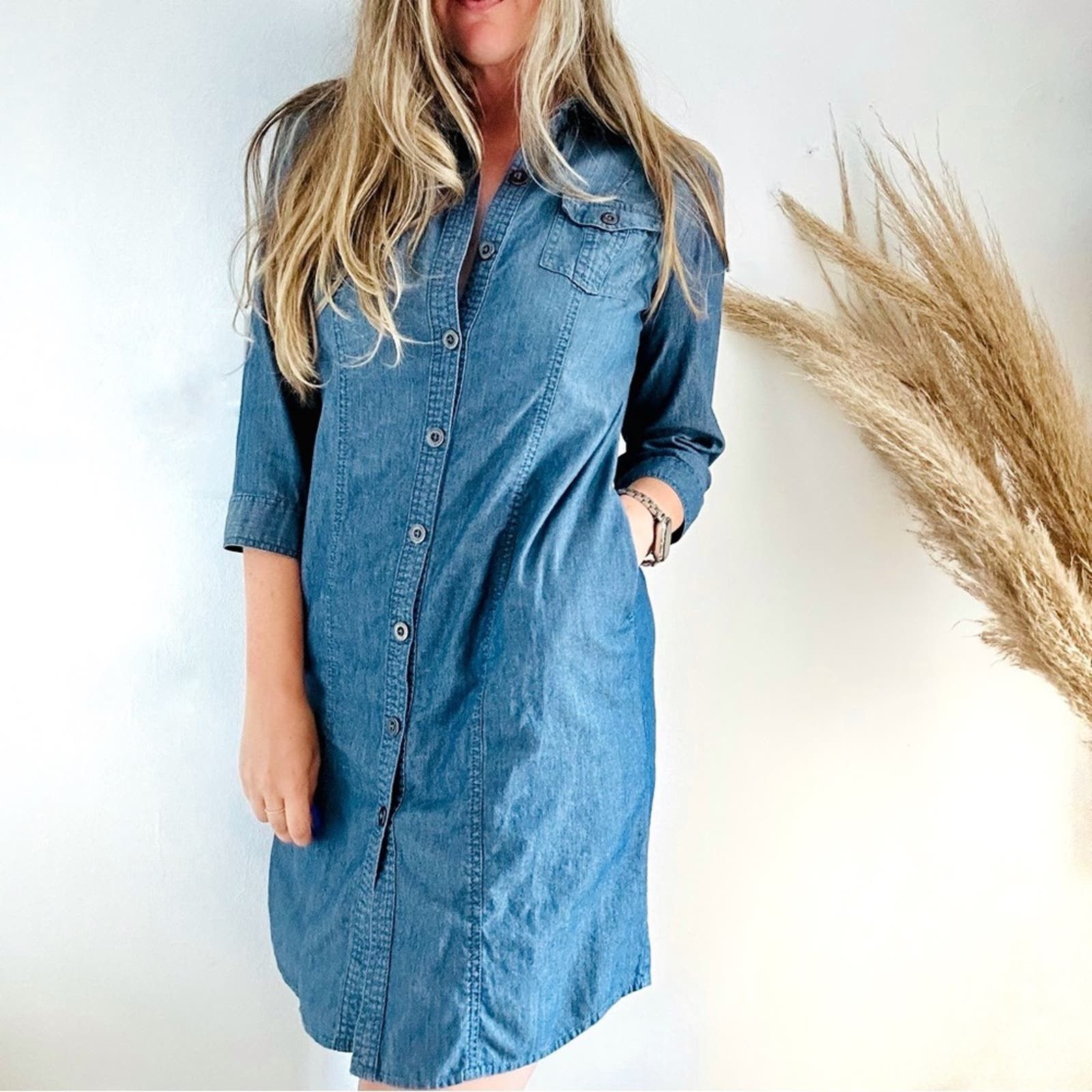Chicos CHICOS Blue Denim Button 3/4 Mini Shirt Dress Tunic Pockets | Grailed