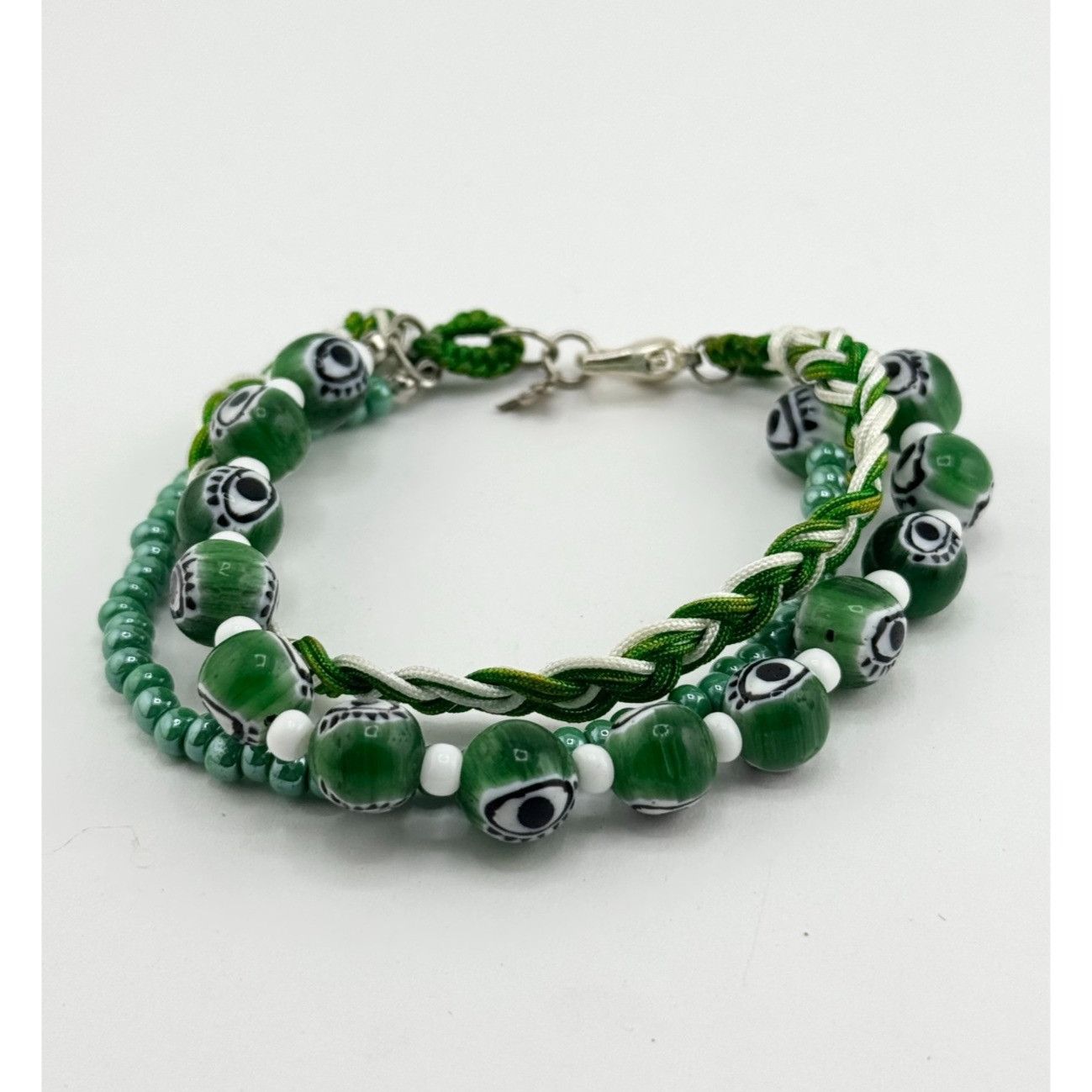 Vintage Vintage green glass evil eye beaded three strand braided bra ...