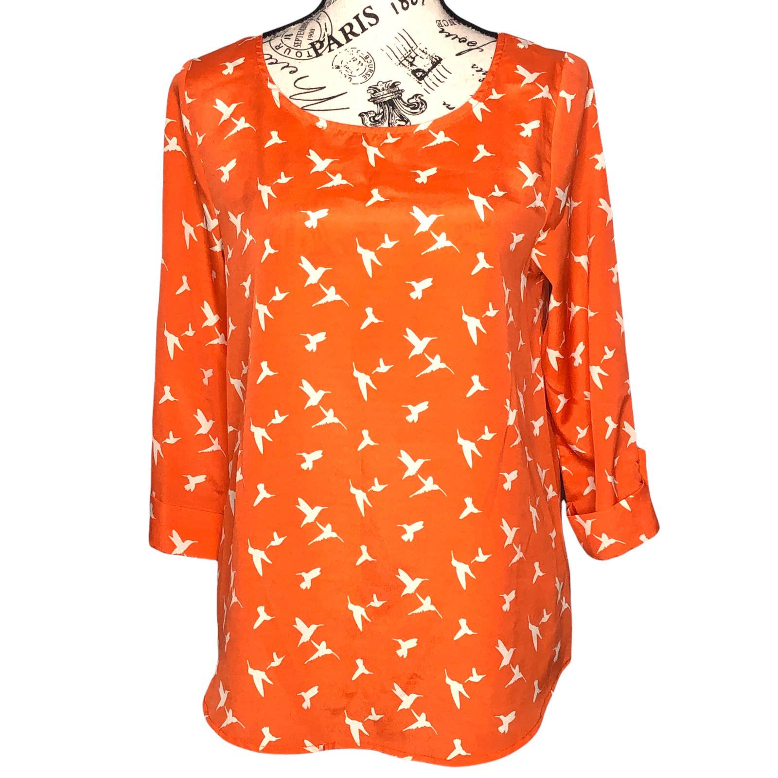 Other Bird Print Mock Roll-Tab Cuff 3/4 Sleeve Light Weight Blouse ...