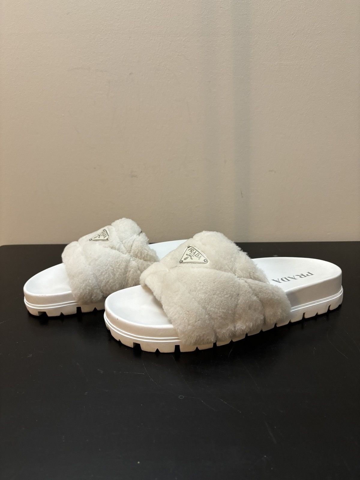 Prada Prada Triangle Logo Shearling Fur Slides White | Grailed