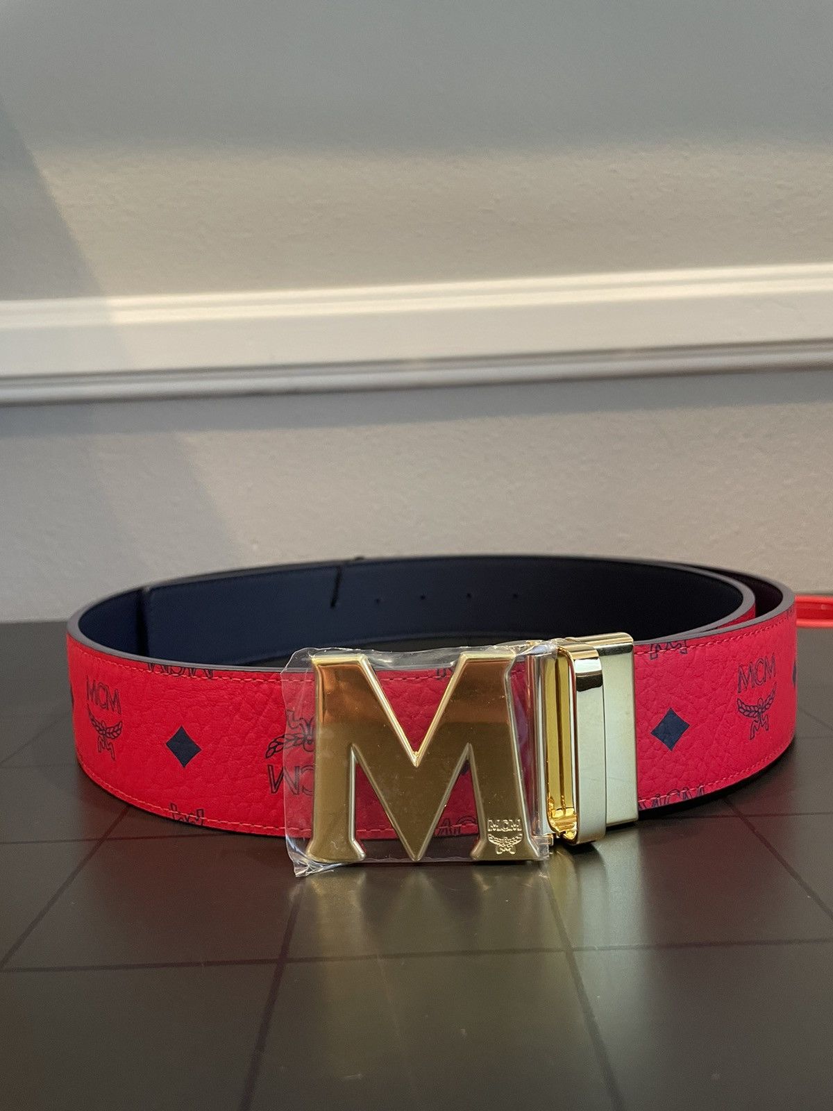 MCM MCM Claus M Red Gold Leather Reversible Visetos Belt | Grailed