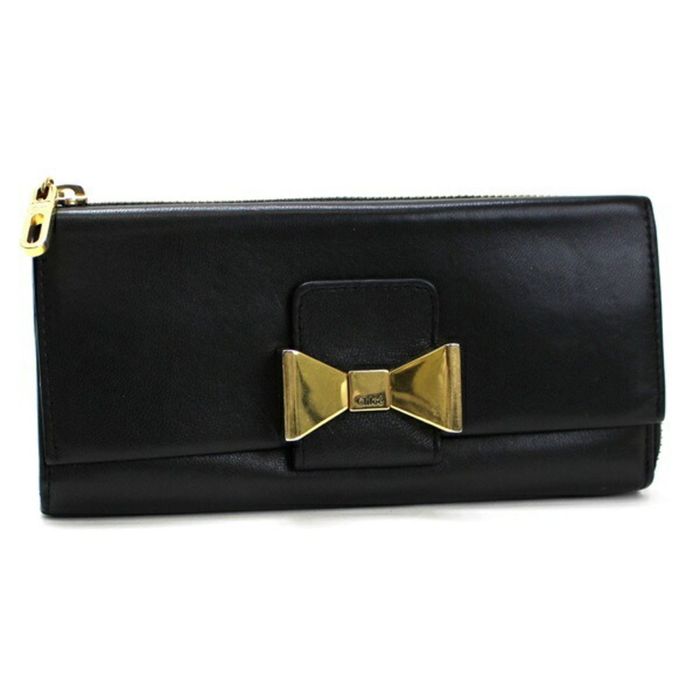 Chloe CHLOE L-shaped zipper wallet black ribbon motif leather for ...