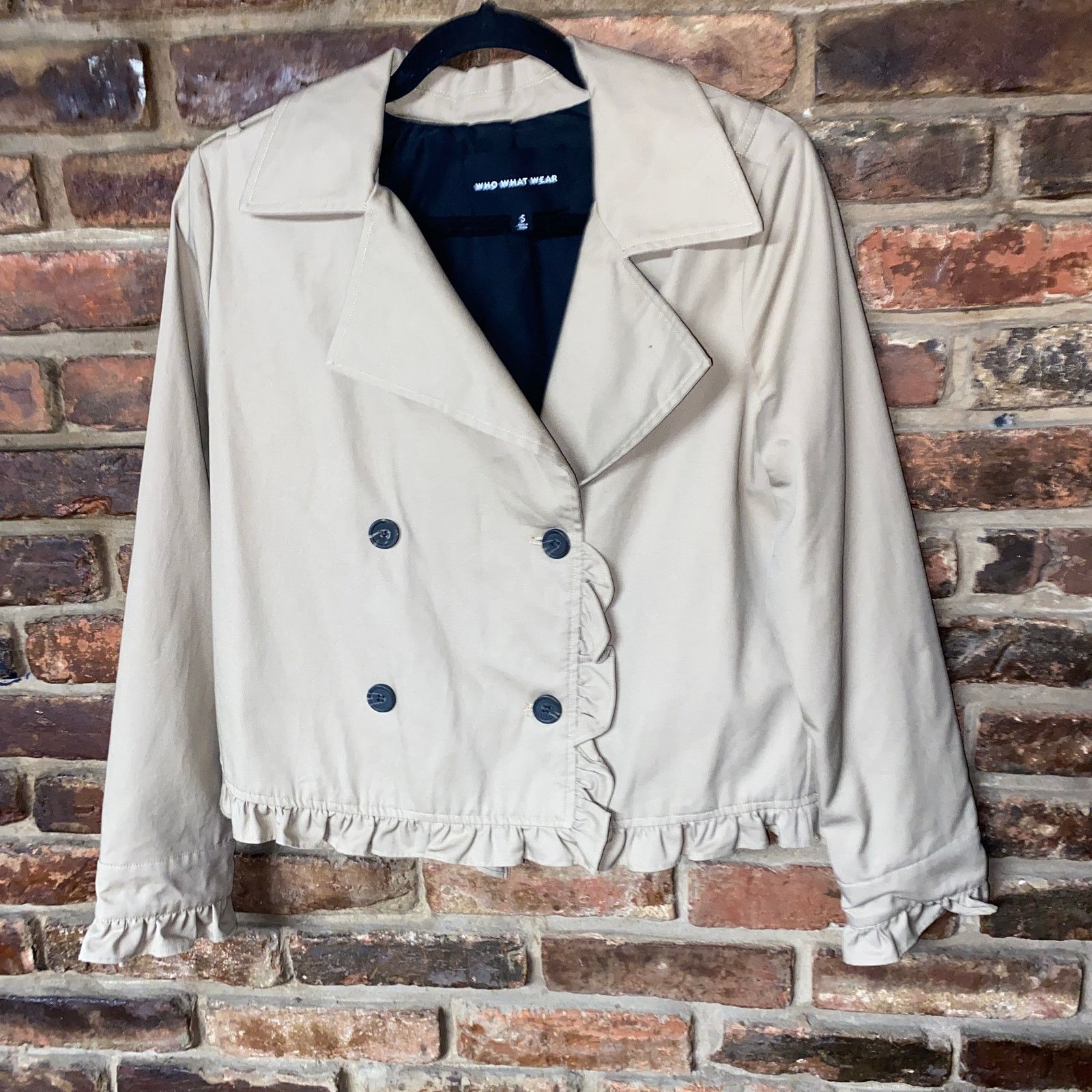 Other Who What Wear Khaki Tan Double Breasted Ruffle Coat Small | Grailed