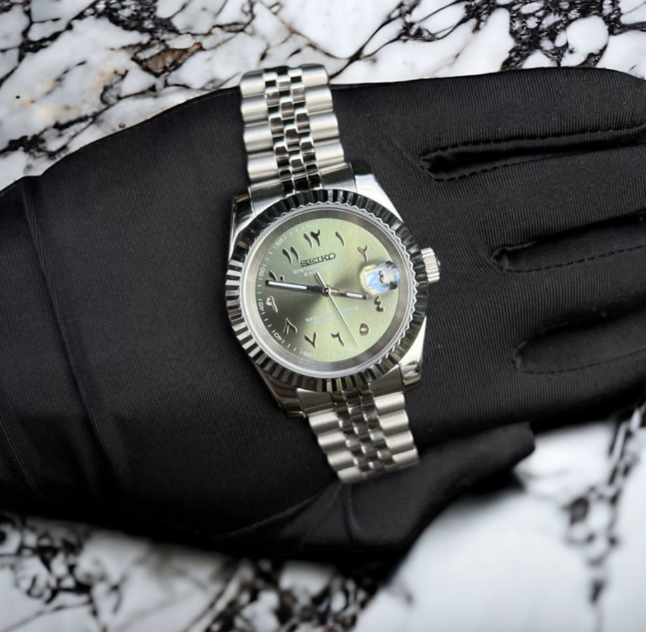 Japanese Brand × Seiko Seiko Mod Datejust Olive Arabic Dial Steel ...