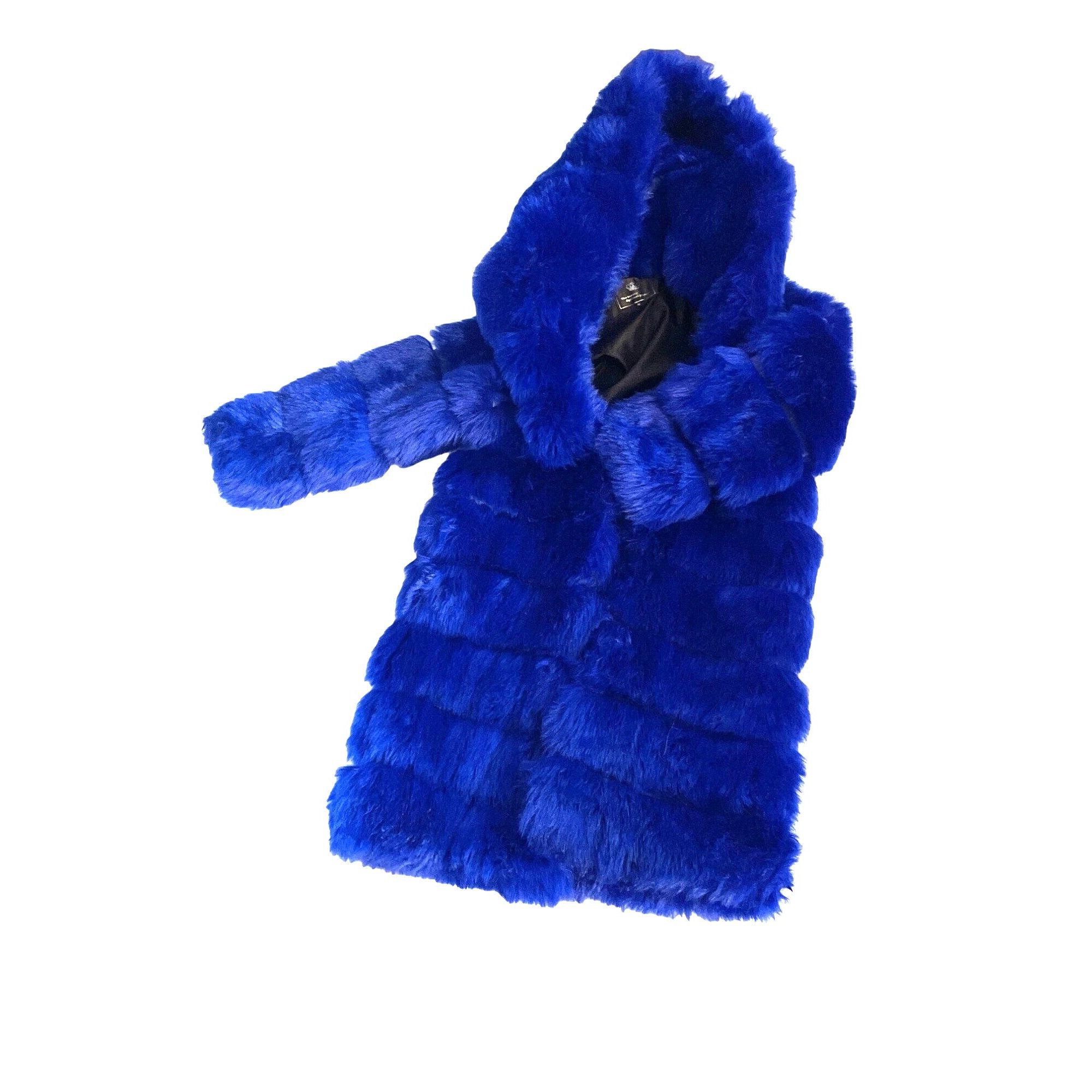 Designer Electric Blue Faux Fur Below The Knee Long Coat Jacket the B ...