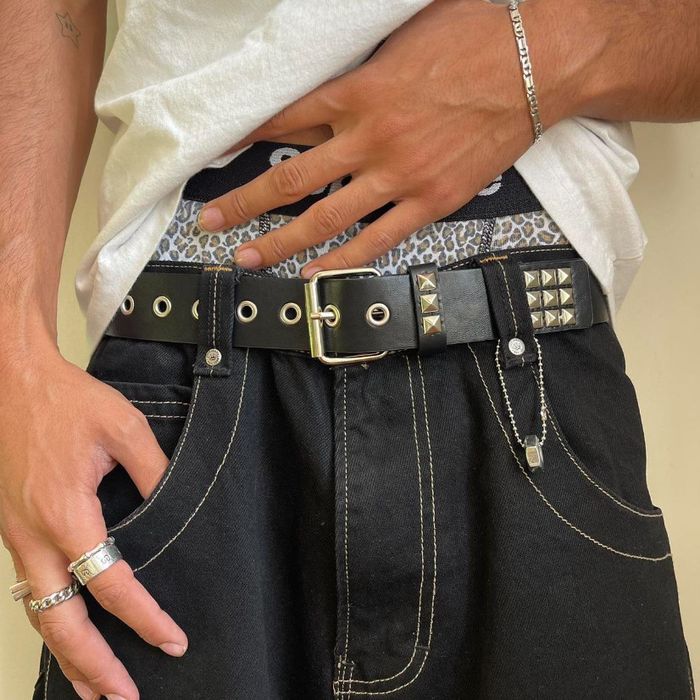 Designer Y2K 2000s classic pyramid studded black silver goth emo belt ...