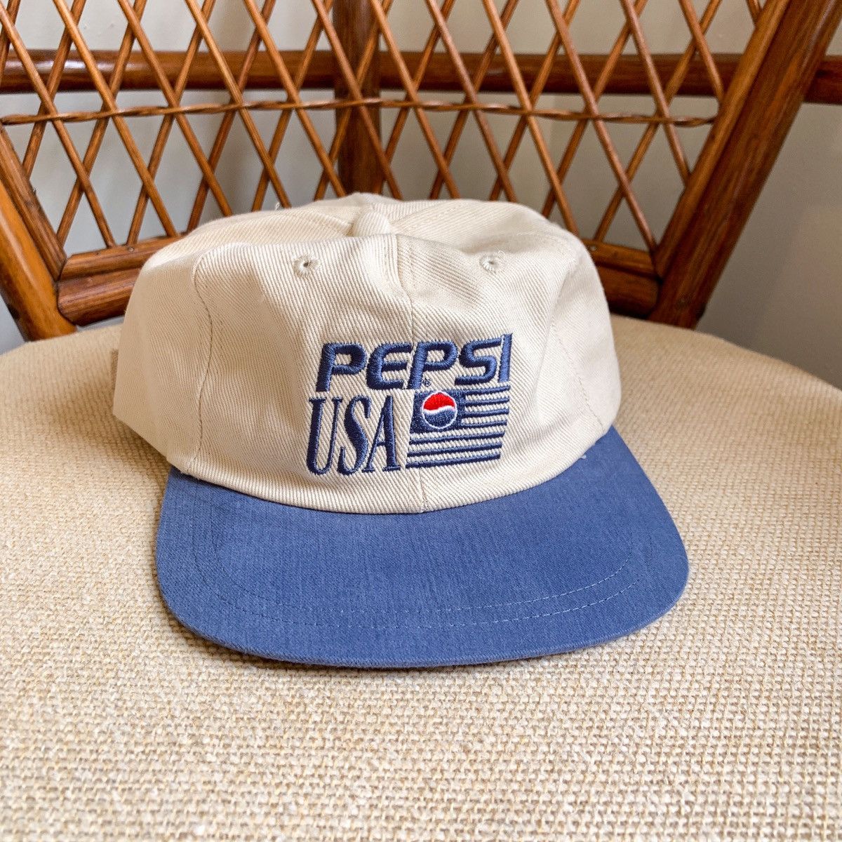 Vintage Vintage Pepsi USA Beige Blue Flag Soda Strapback Hat | Grailed