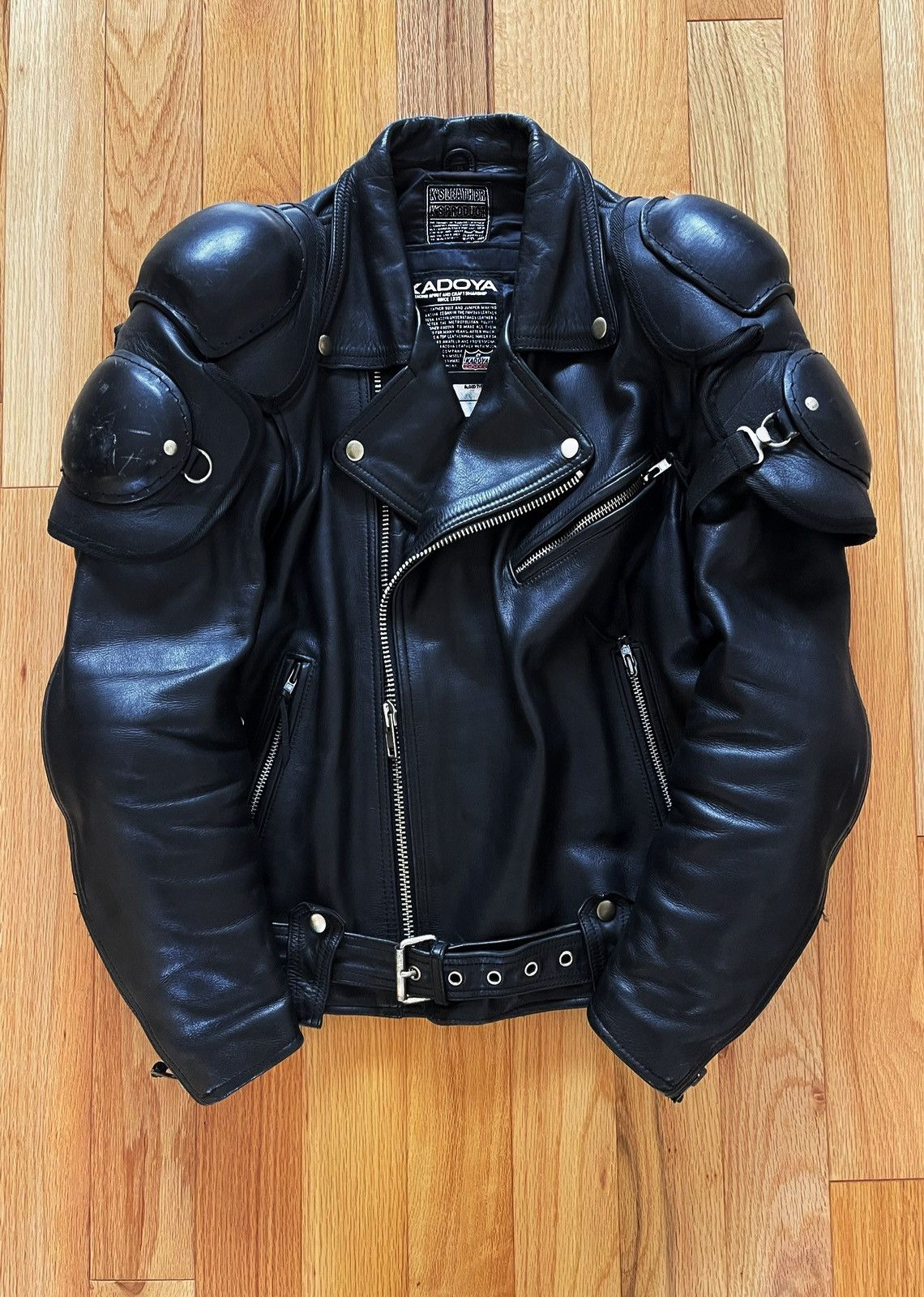 Kadoya Kadoya ‘Battlesuit’ Armored Black Leather Biker Jacket | Grailed
