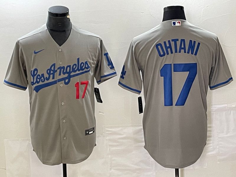 Custom Men's Los Angeles Dodgers #17 Shohei Ohtani Gray Red Jersey ...