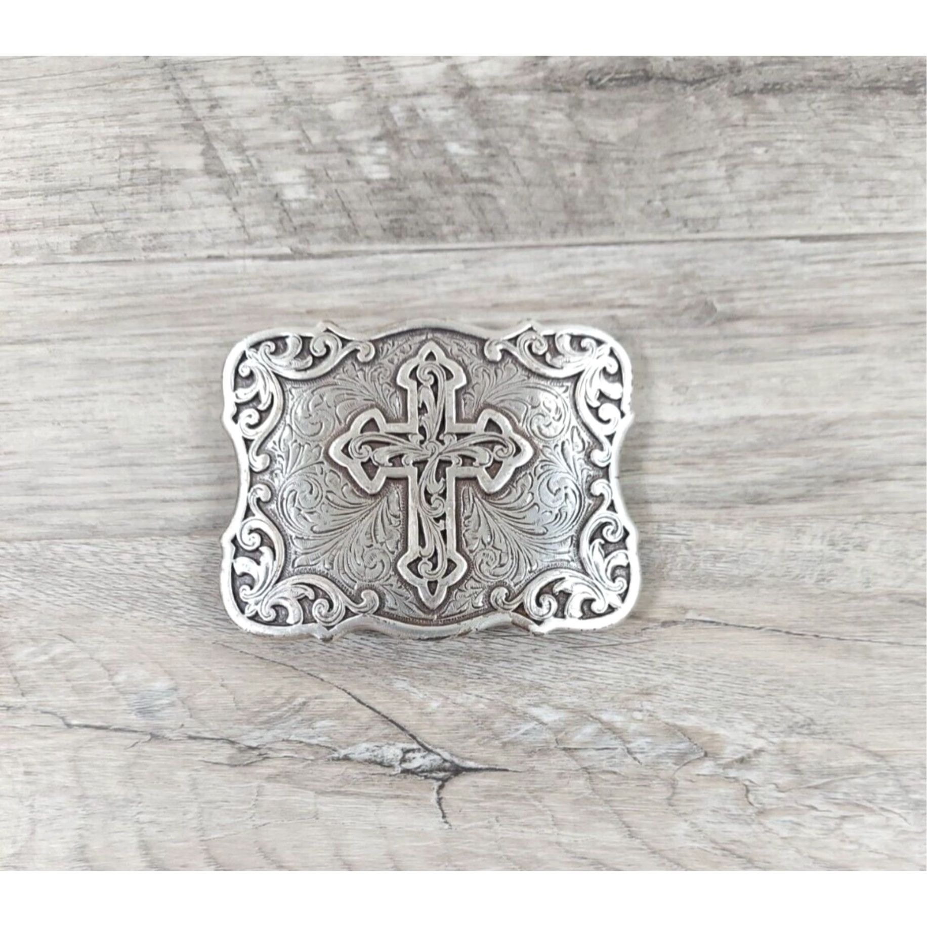Vintage Silver Tone Unbranded Square Cross Tooled Western Belt Buckle ...